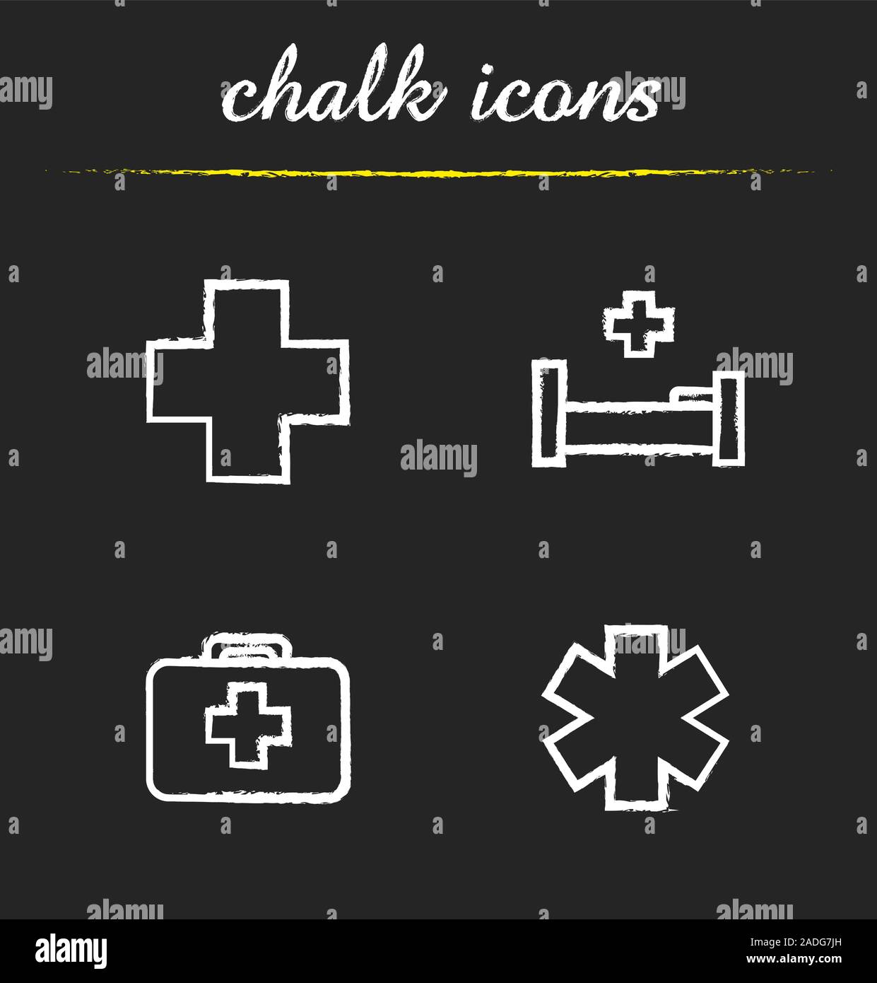 Hospital chalk icons set. Medical cross, hospital bed, first aid kit ...