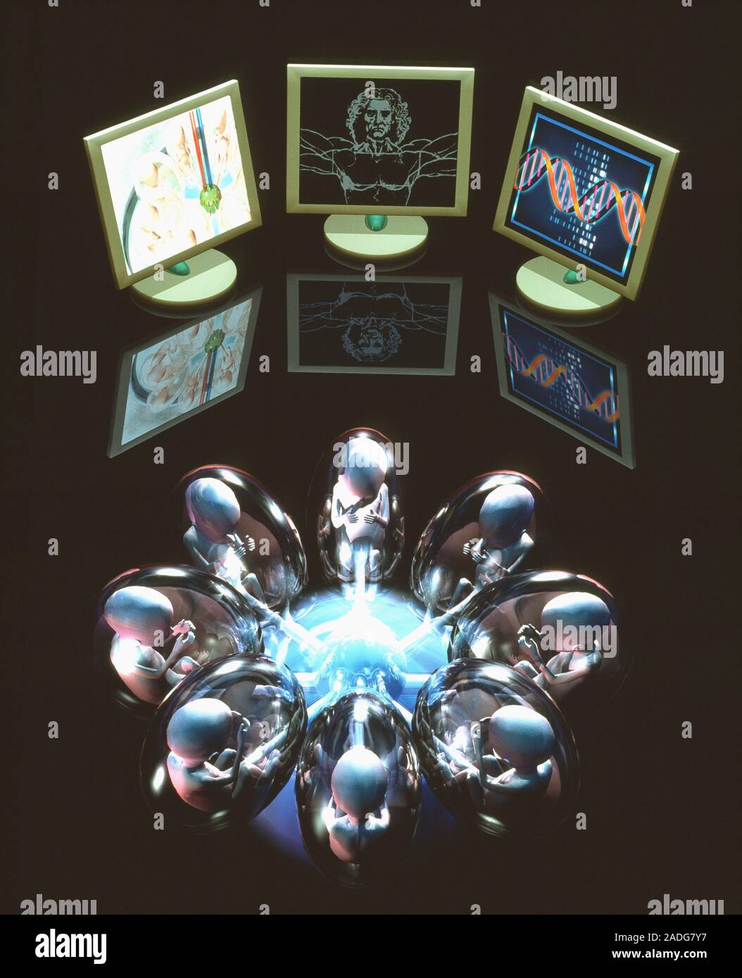 Human cloning. Conceptual computer artwork of genetic images (upper ...