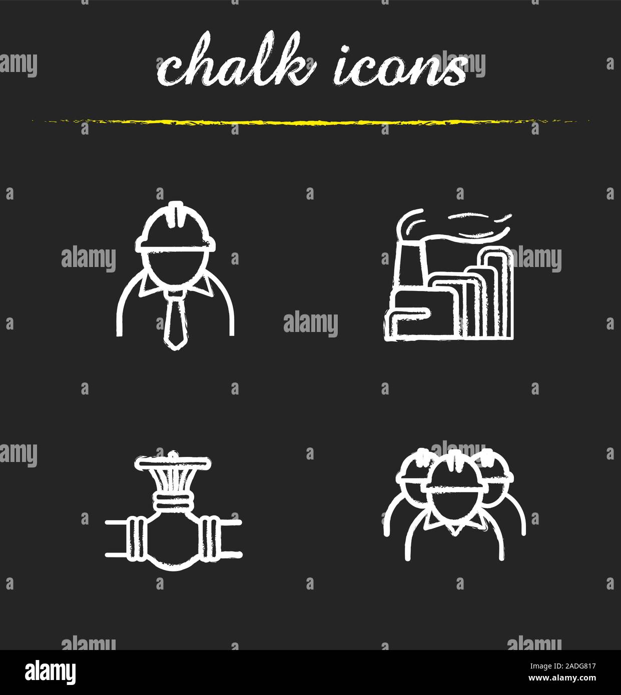 Industrial complex chalk icons set. Chemical factory, chief and workers ...