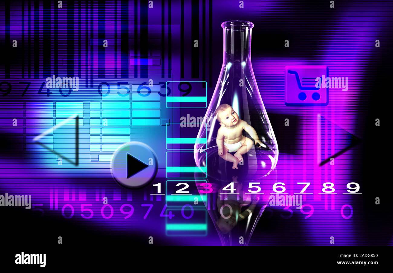 Human cloning, conceptual artwork. Baby in a conical flask, being ...