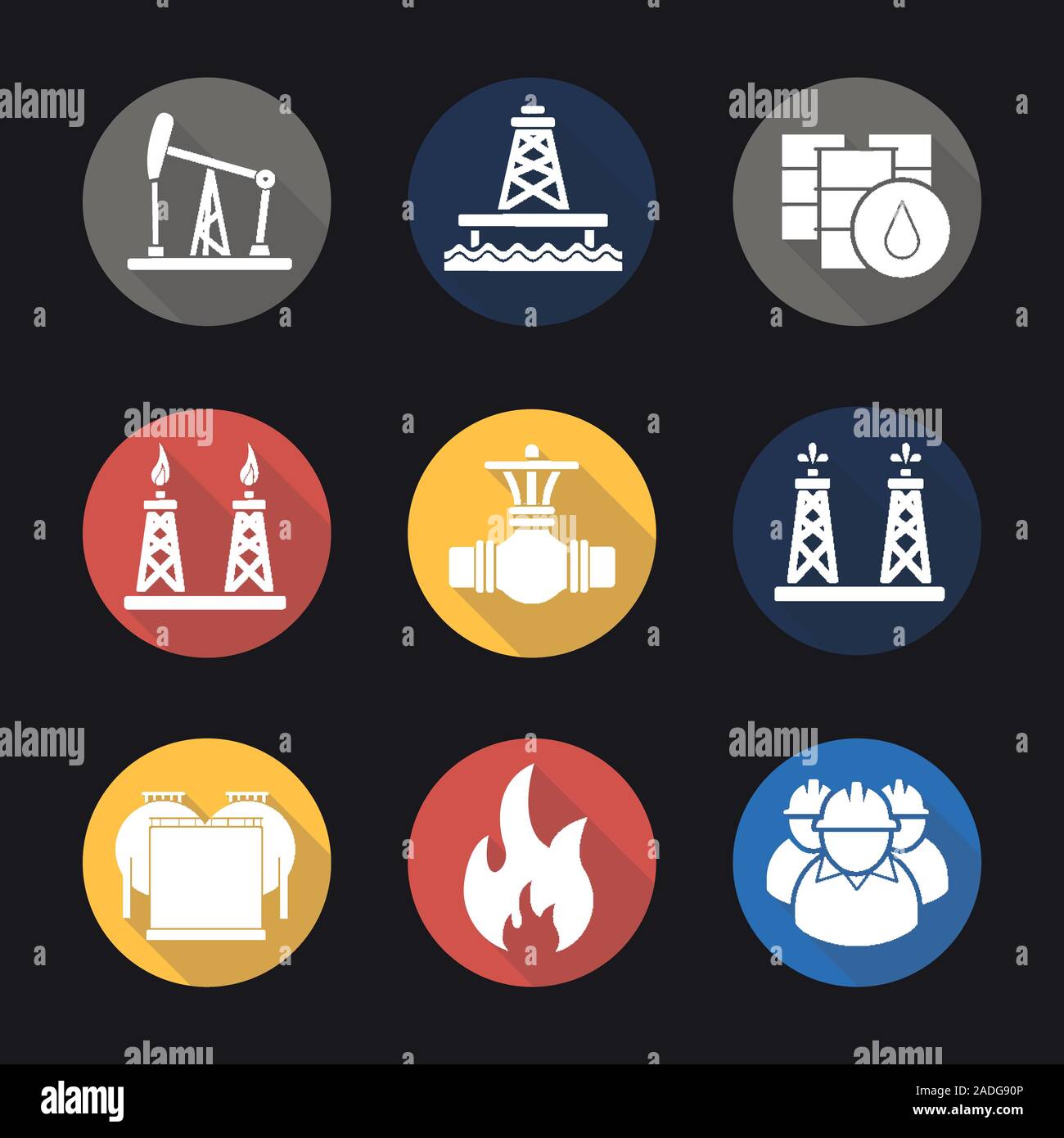 Oil industry flat design long shadow icons set. Pump jack, barrels ...