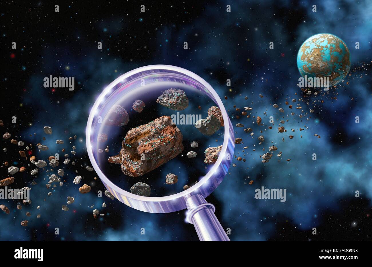 Alien microbes on meteorites. Conceptual artwork of a magnifying glass ...
