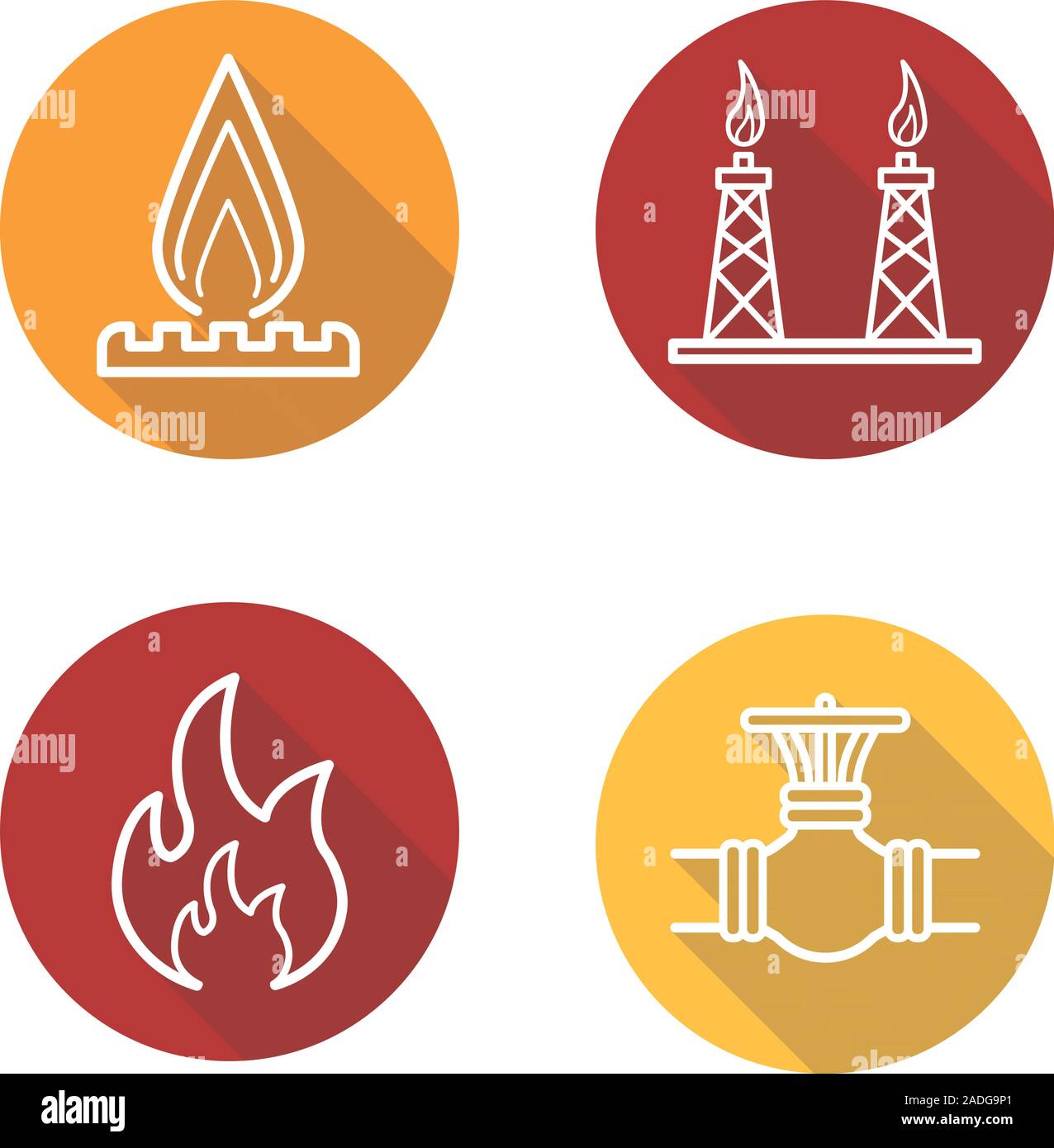 Gas production flat linear long shadow icons set. Gas stove, pipeline ...