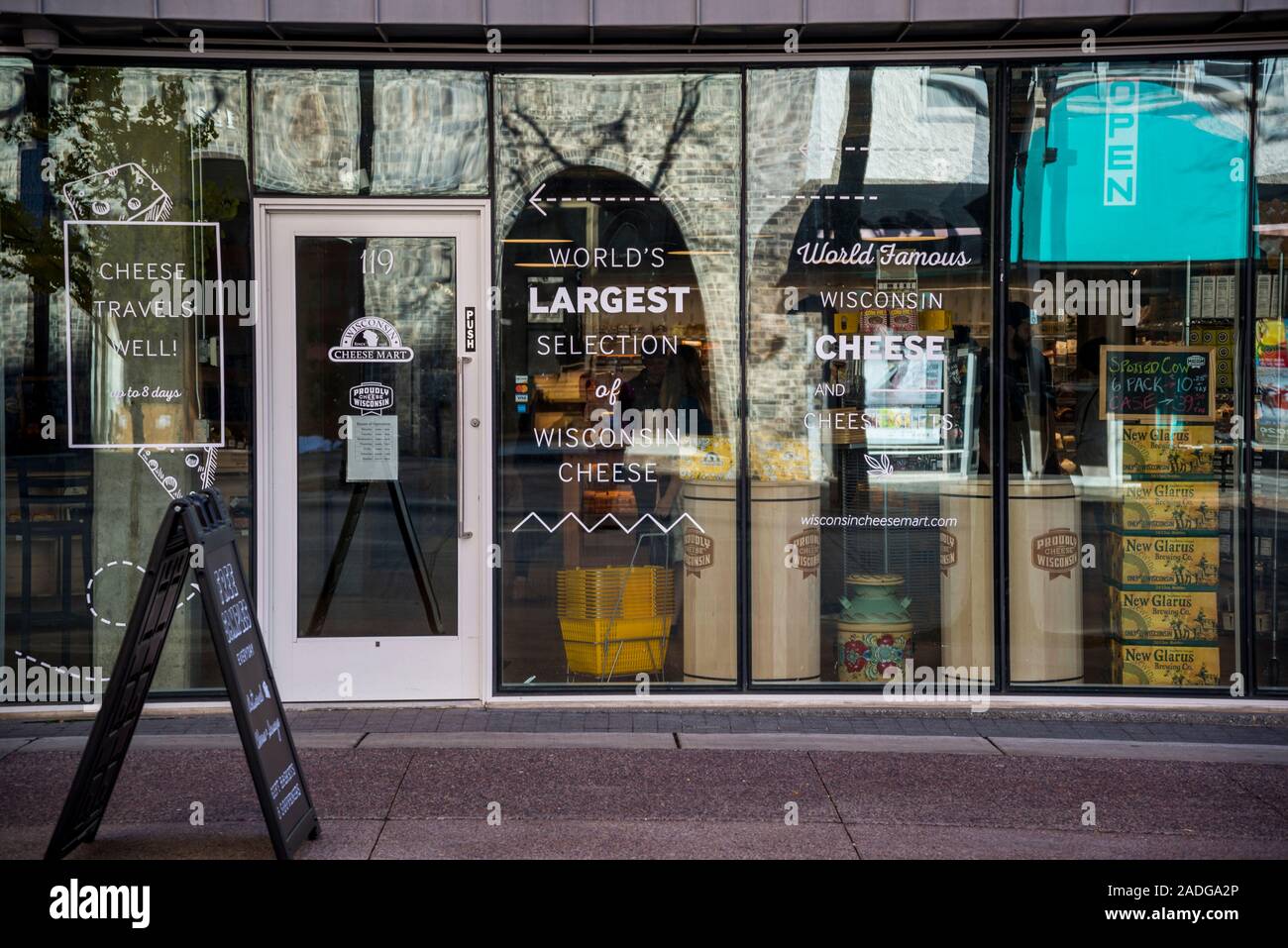 Cheese shop in State Street in downtown Madison, a pedestrian zone with ...