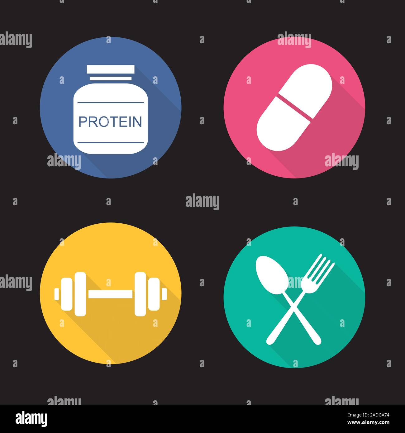 Bodybuilding flat design long shadow icons set. Protein powder, bcaa ...