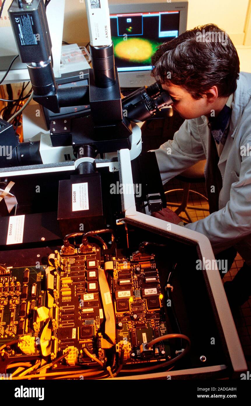 Adult stem cell research. Laser cytometer scanning equipment being used ...