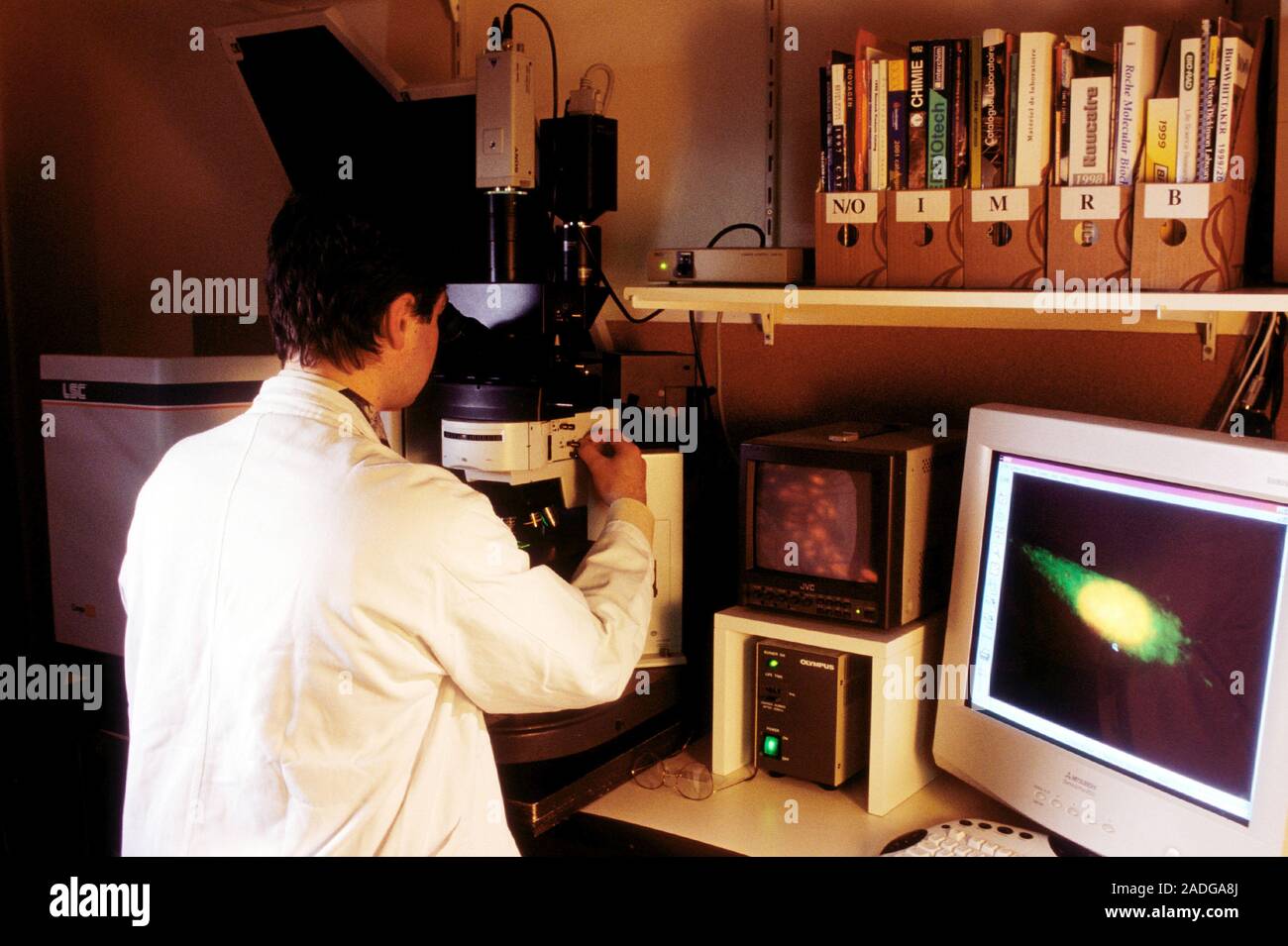 Adult stem cell research. Laser cytometer scanning equipment being used ...