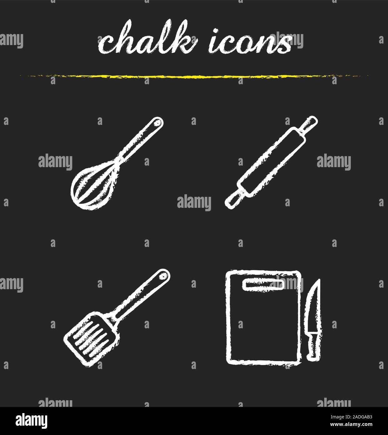 Kitchen tools chalk icons set. Cooking instruments. Whisk, rolling pin ...
