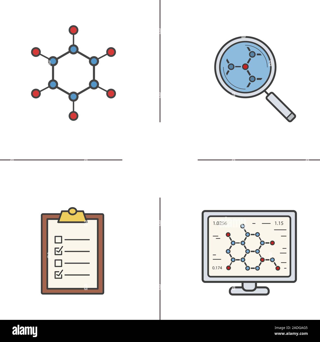 Science lab color icons set. Molecule, laboratory computer, molecular ...