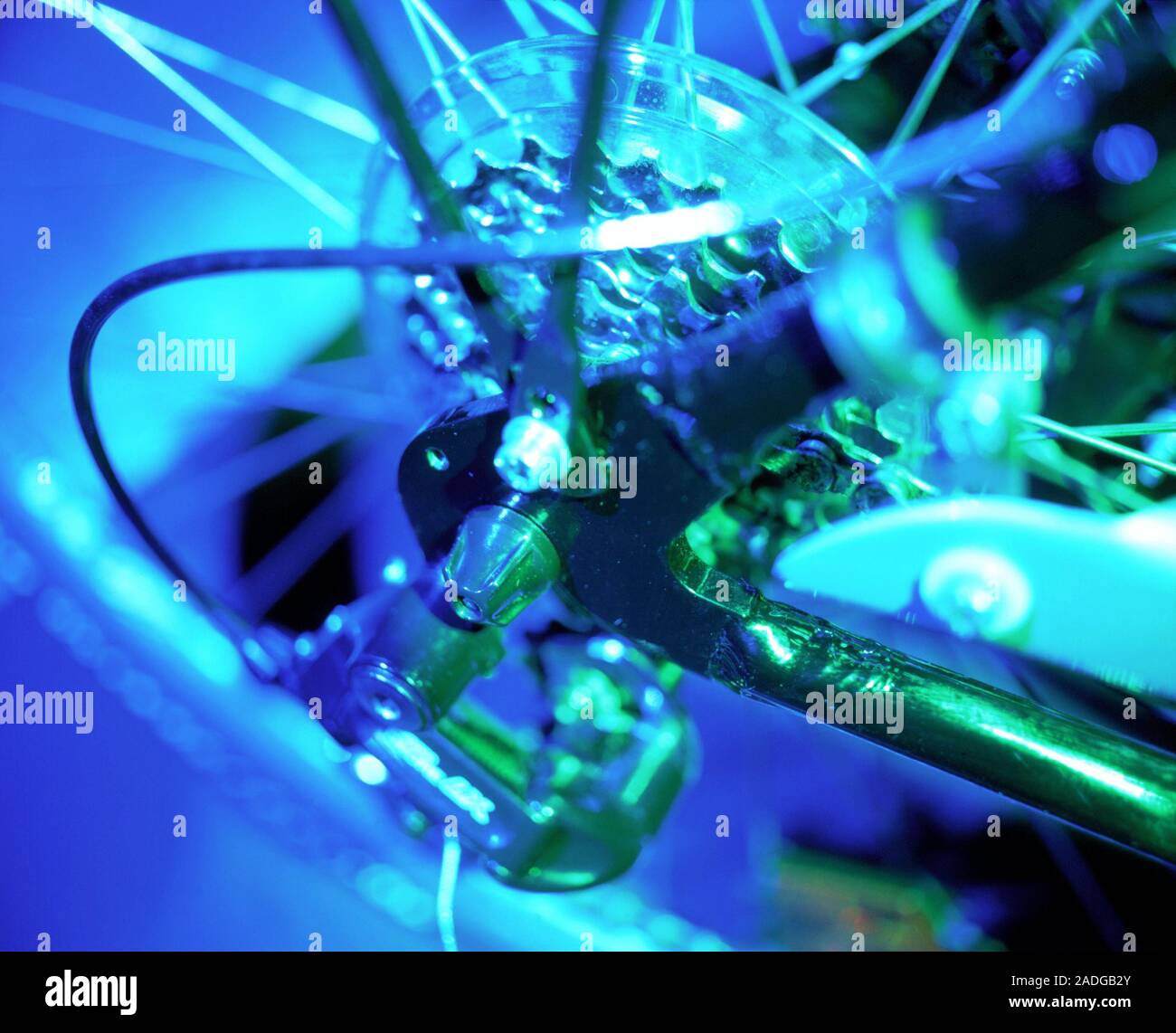 Bicycle gear mechanism. View of the gear mechanism on the rear wheel of ...