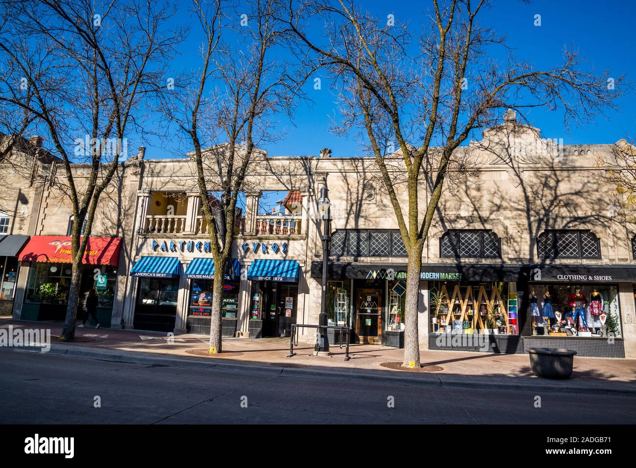State Street in downtown Madison, a pedestrian zone with restaurants ...