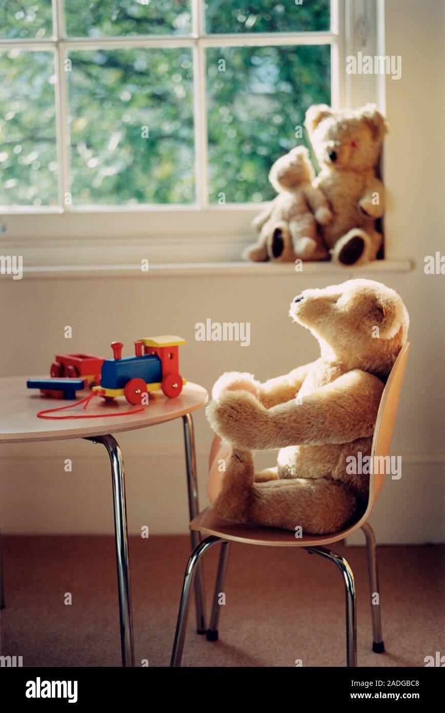 Toys. Teddy bears and a toy train Stock Photo - Alamy