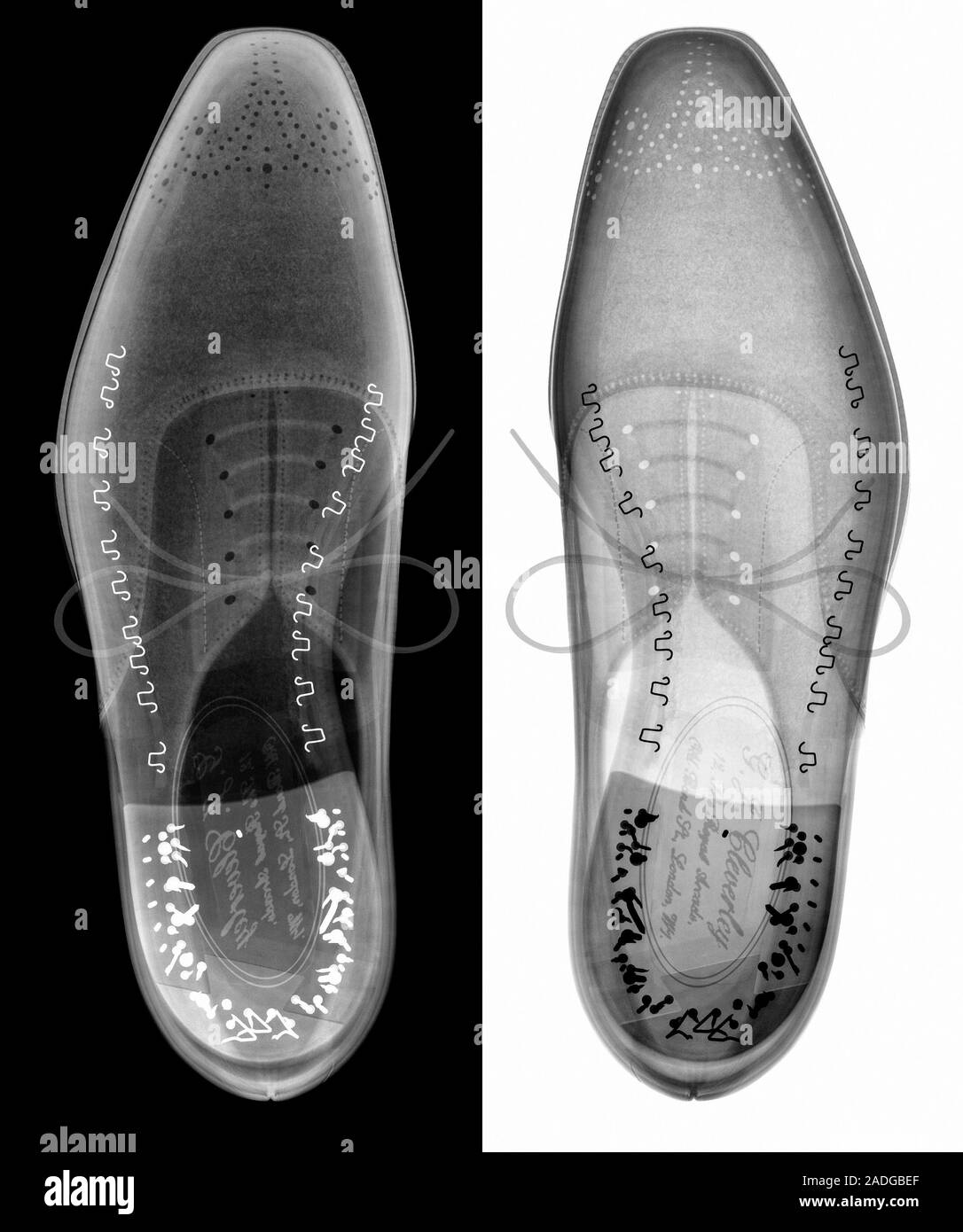 Man's shoes, X-ray. The metal fastenings for the sole and heels are the ...