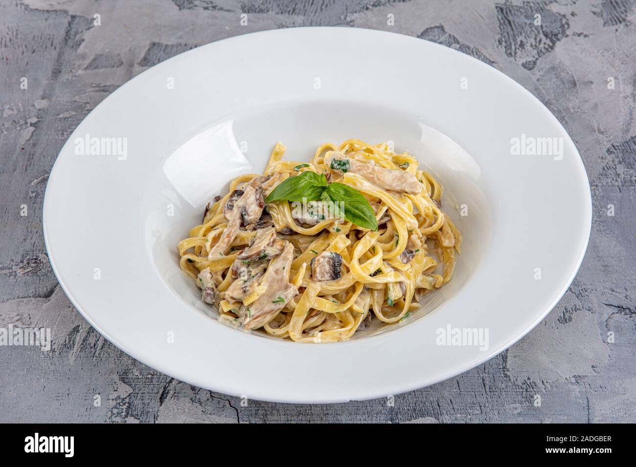 Top down view of Creamy Mushroom Fettucini Alfredo pasta Stock Photo ...