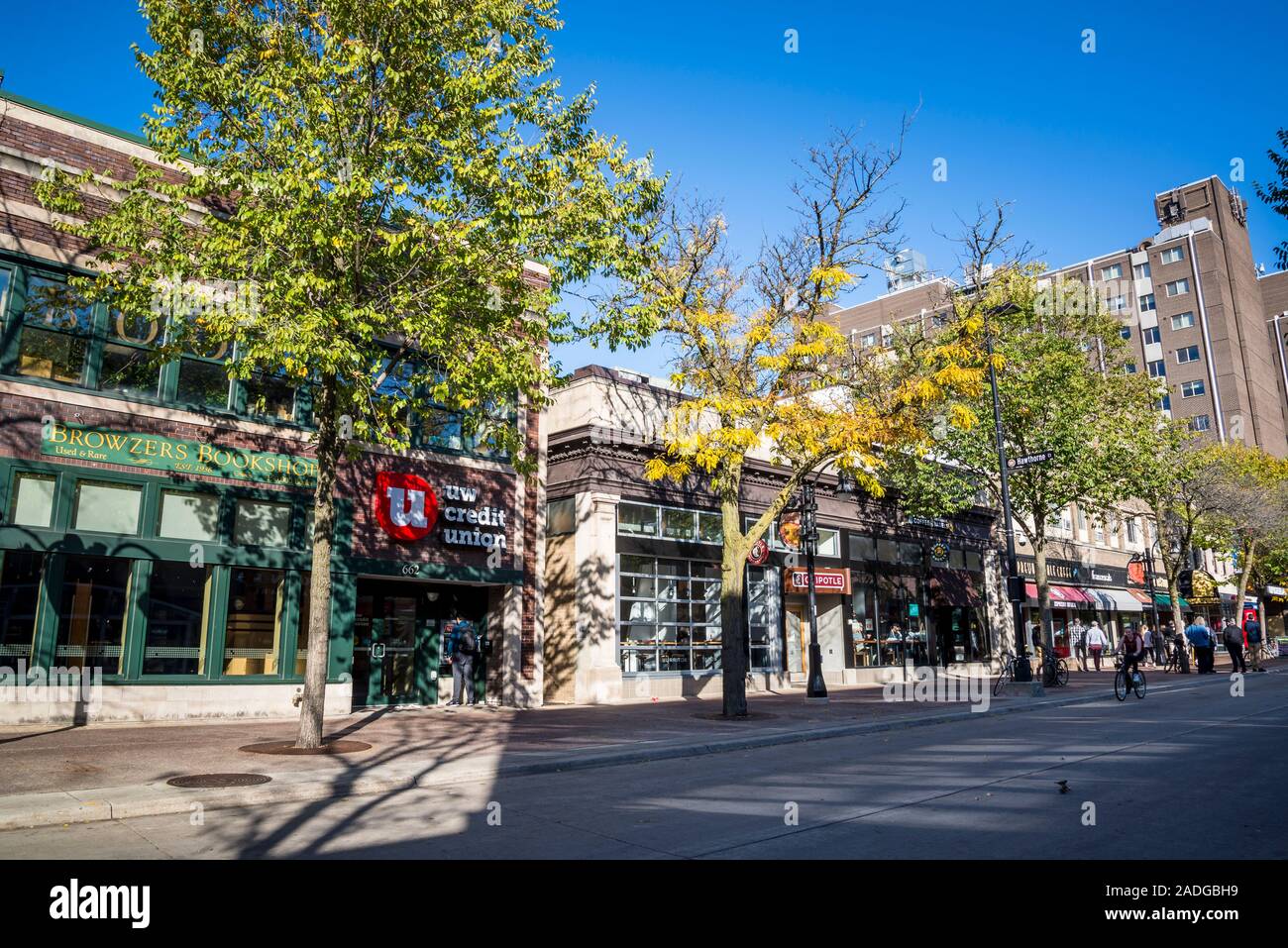 State Street in downtown Madison, a pedestrian zone with restaurants ...