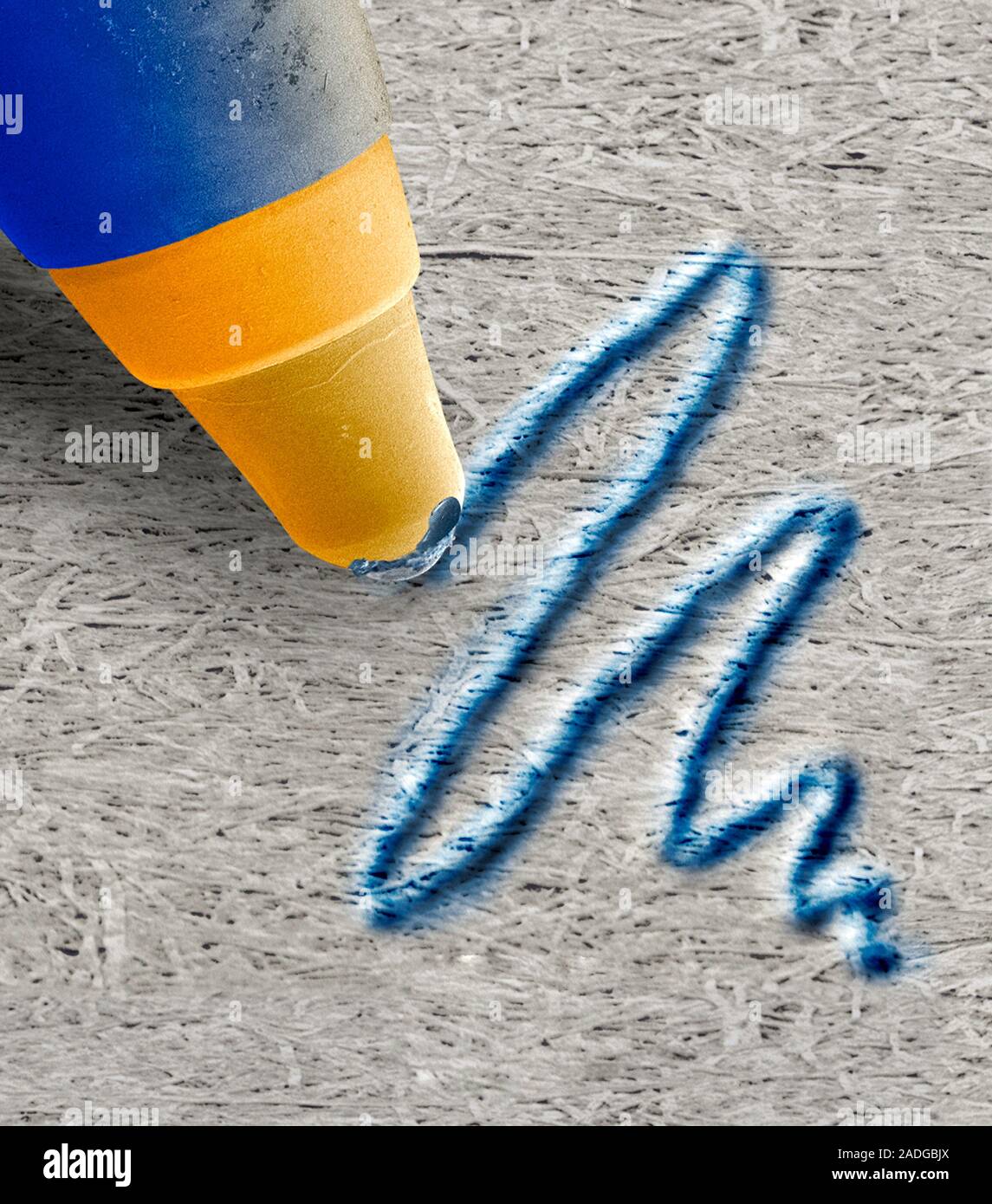 Ballpoint pen writing on paper, coloured scanning electron micrograph ...