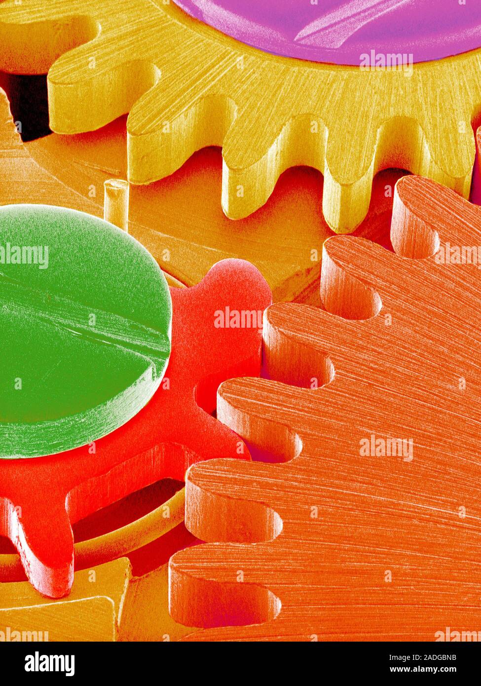 Watch gears, coloured scanning electron micrograph (SEM). These cogs ...