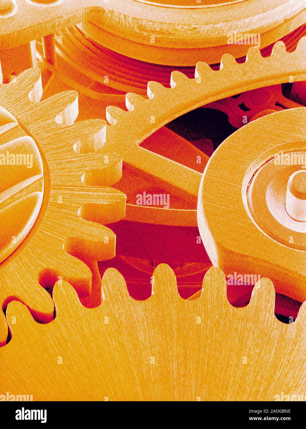 Watch gears, coloured scanning electron micrograph (SEM). These cogs ...