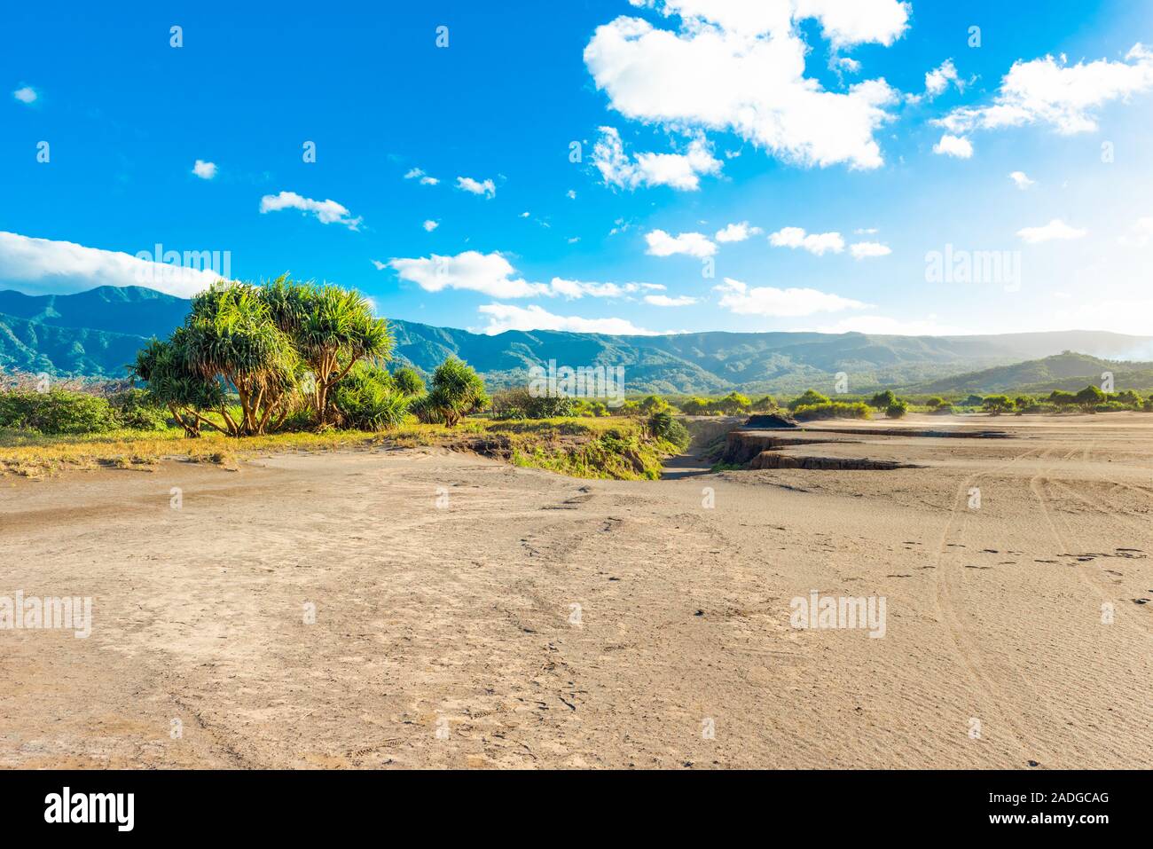 View of the mountain landscape from the volcano Yasur, Tanna Island ...