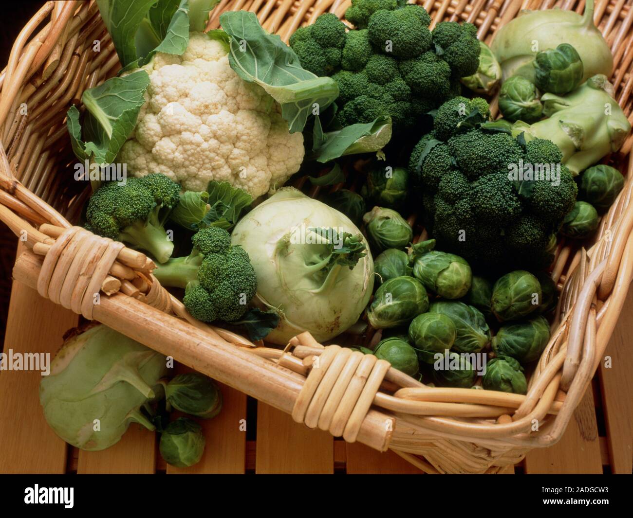 Assorted vegetables. Basket of cruciferous vegetables. The vegetables ...