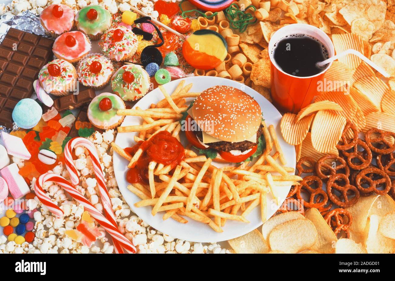 Junk food. View of an assortment of sweet and fatty foods, or junk ...