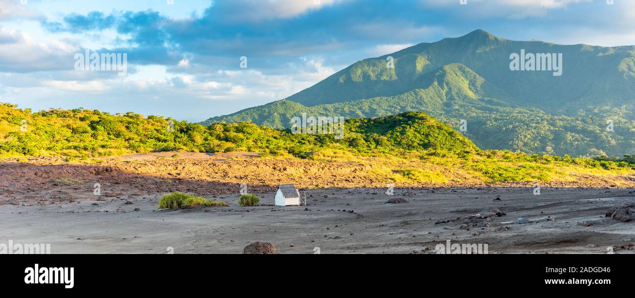 Hut on the background of a mountain landscape, Tanna Island, Vanuatu ...