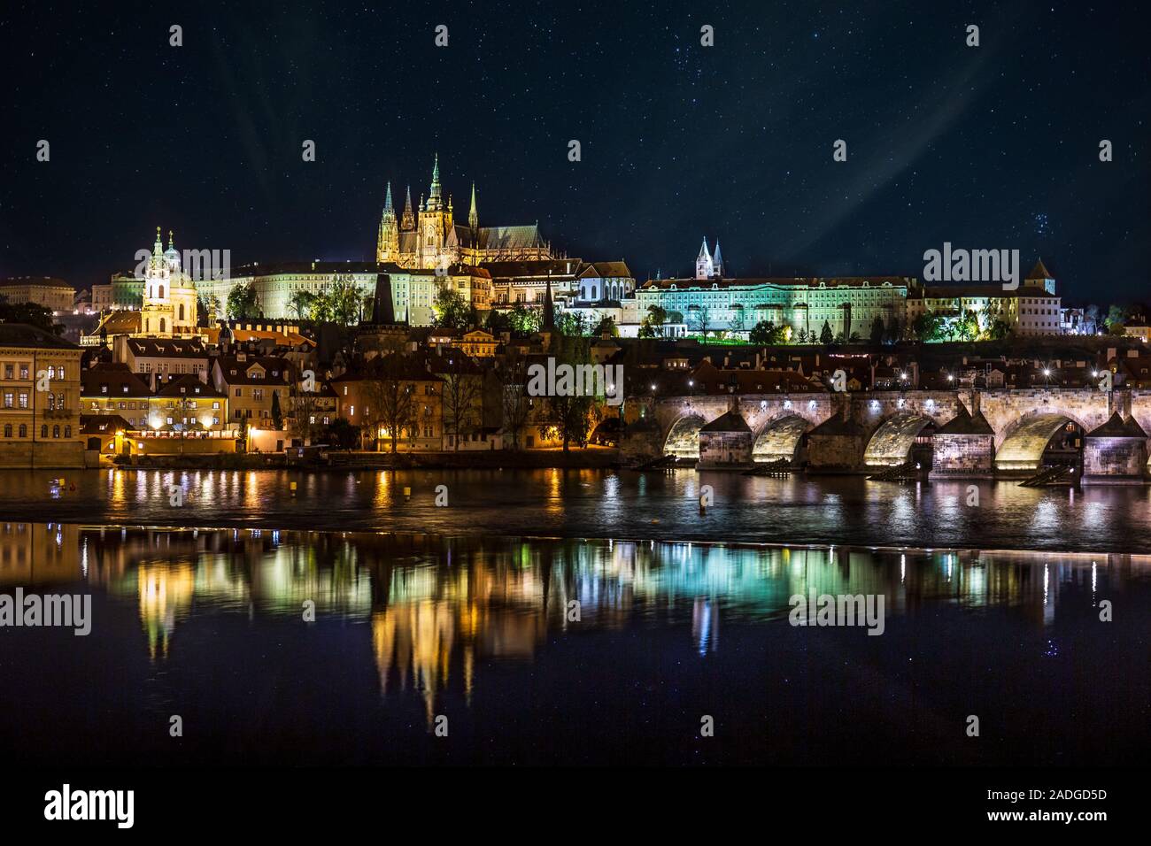 Prague czech city river vltava night reflection dark hi-res stock ...