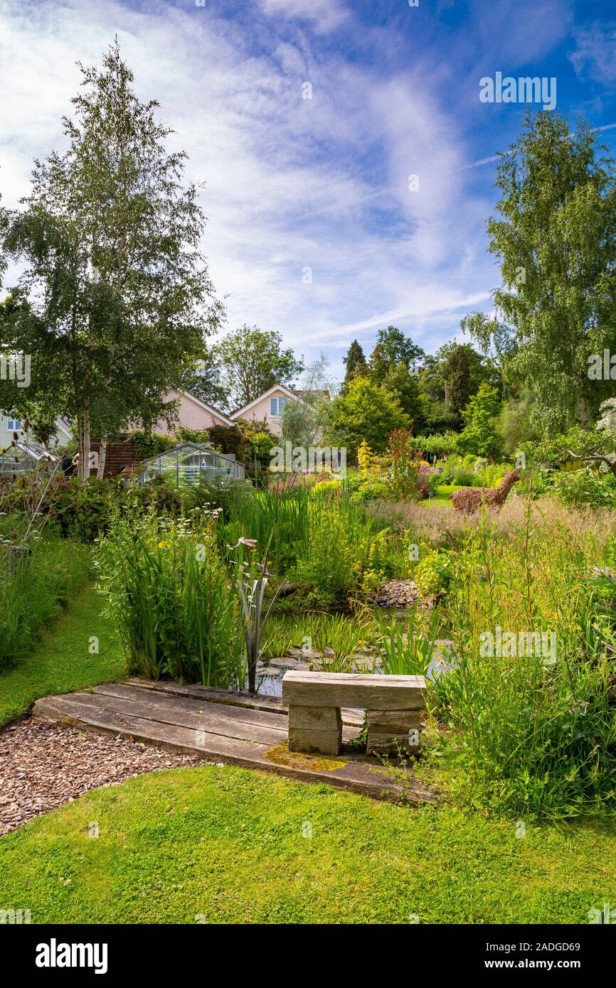 Wooden bench seating area beside a naturalised pond Stock Photo - Alamy
