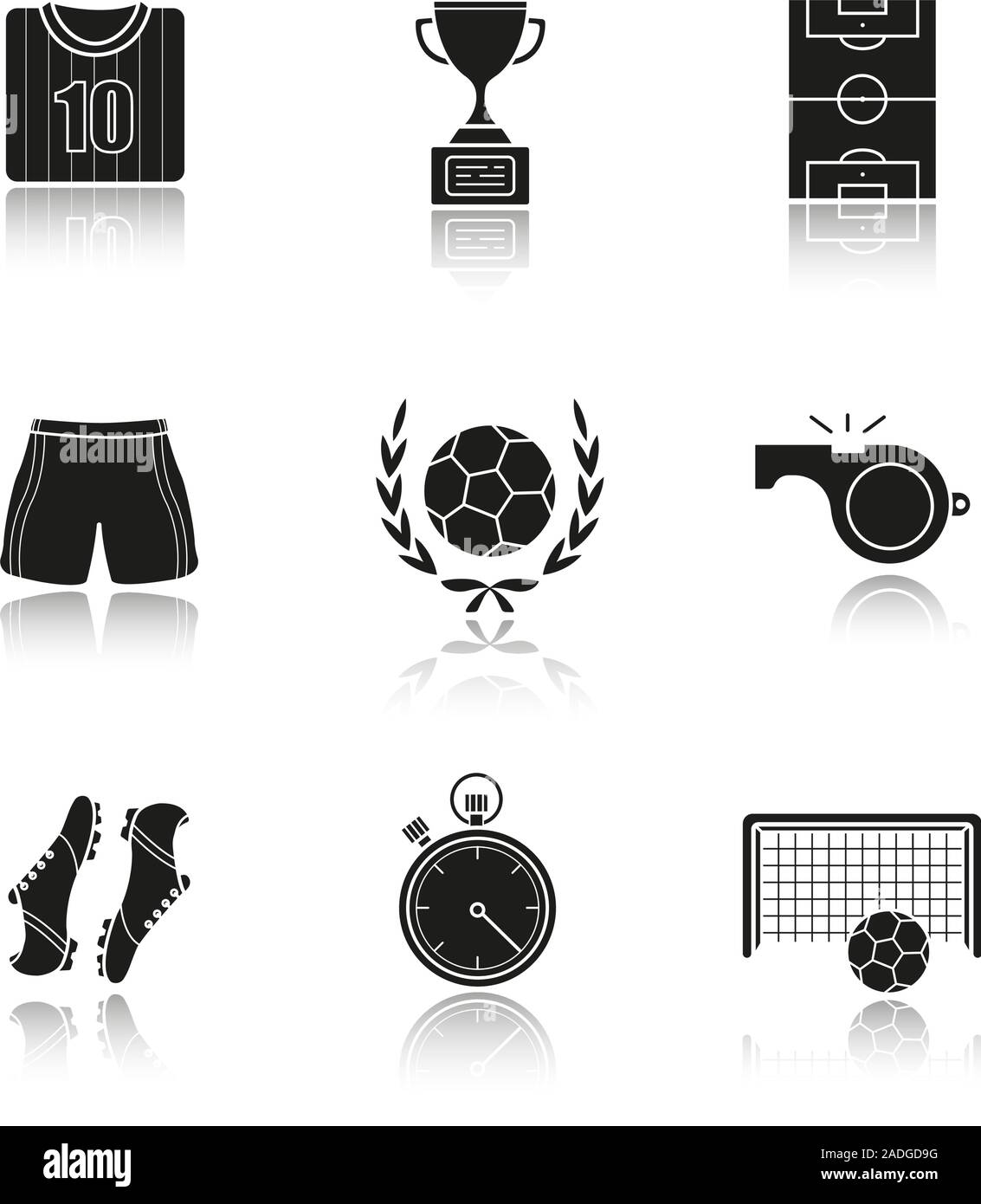 Soccer drop shadow black icons set. Football t-shirt, shoes and shorts ...