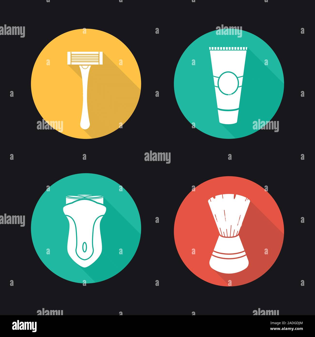 Shaving accessories. Flat design long shadow icons set. Electric shaver ...