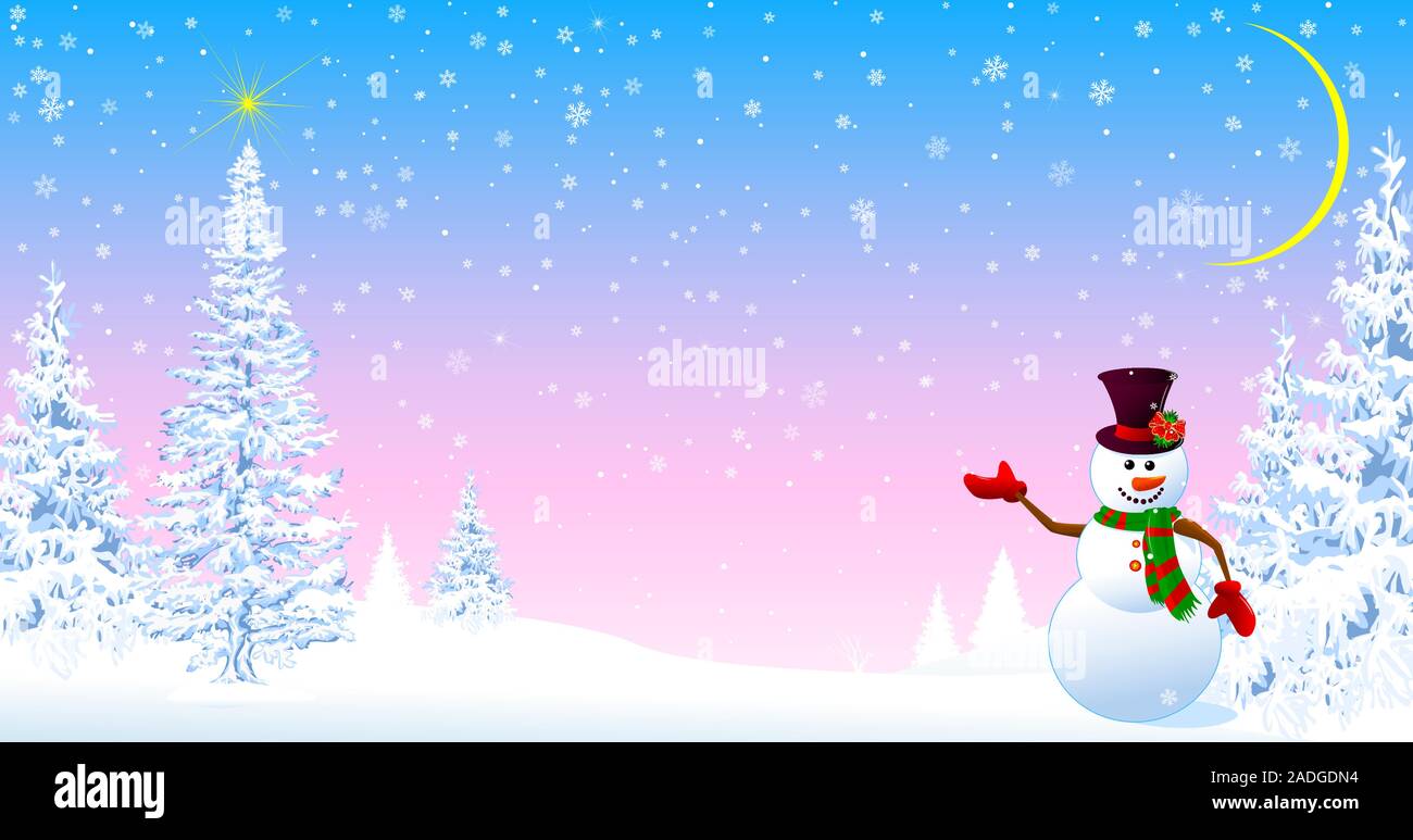 Snowman in a hat welcomes. Christmas tree. Star in the sky. Snowy ...