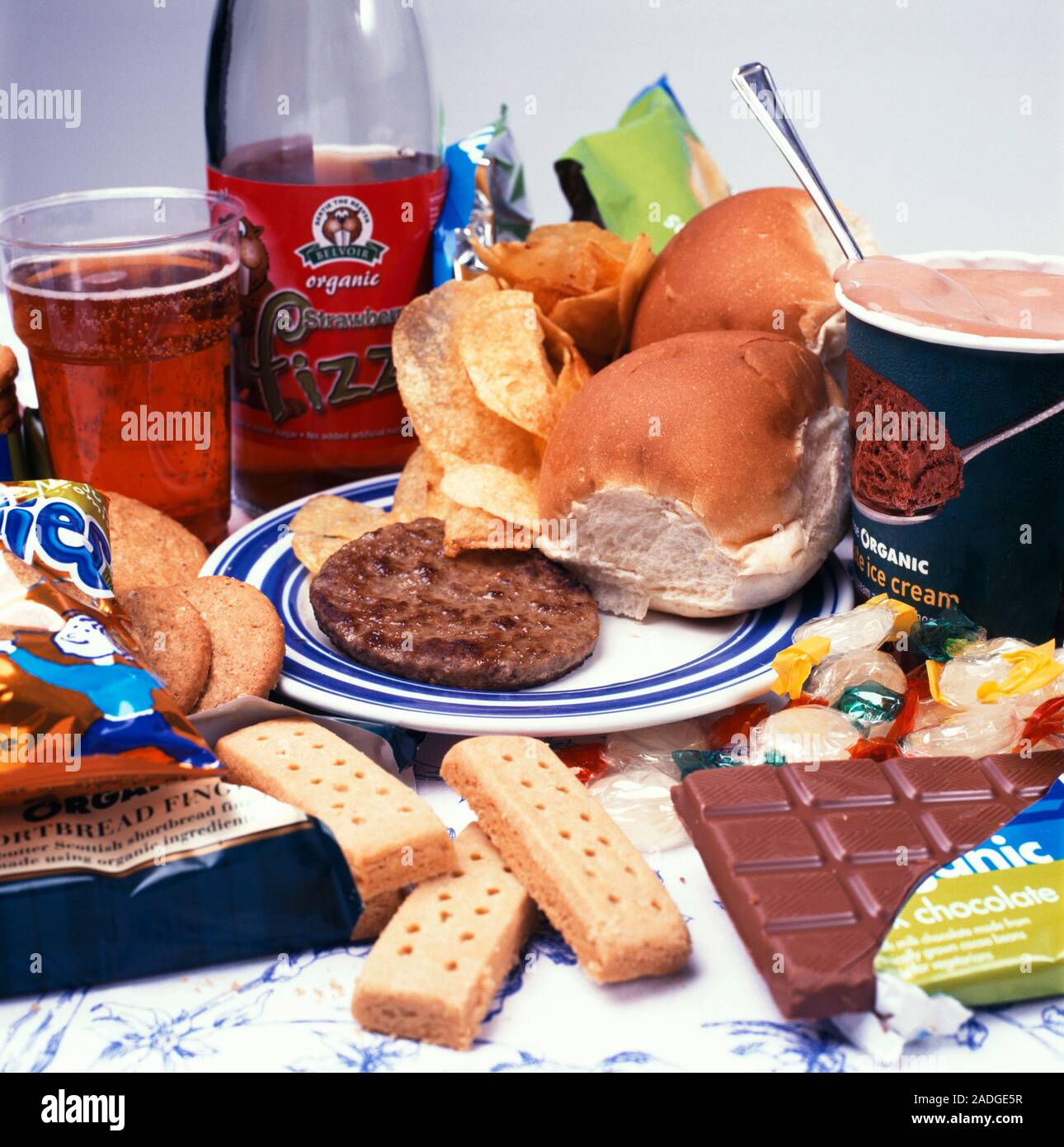 Organic junk foods. Selection of food items with high fat and sugar ...