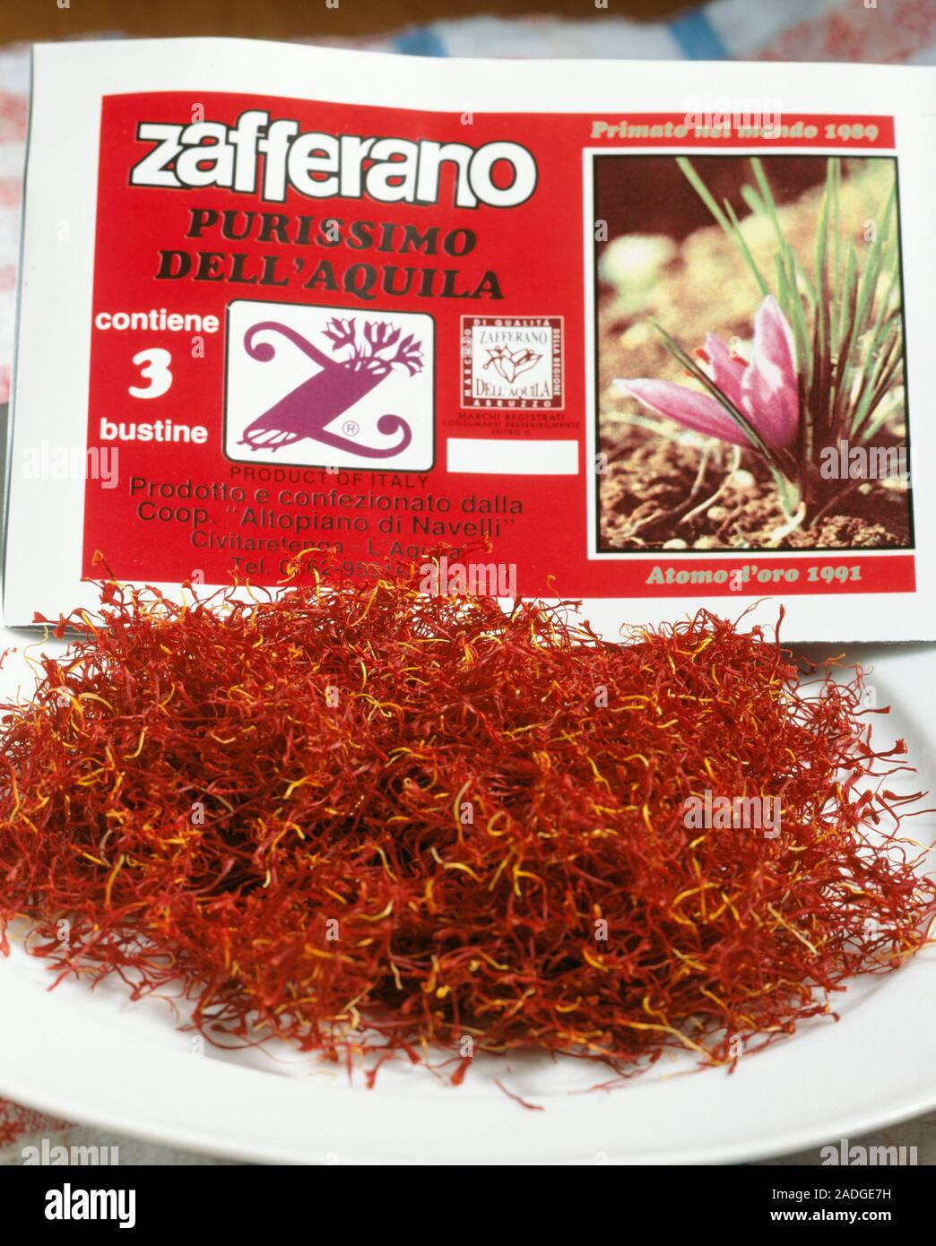 Saffron. Harvested stigmas from saffron flowers (Crocus sativa), seen ...