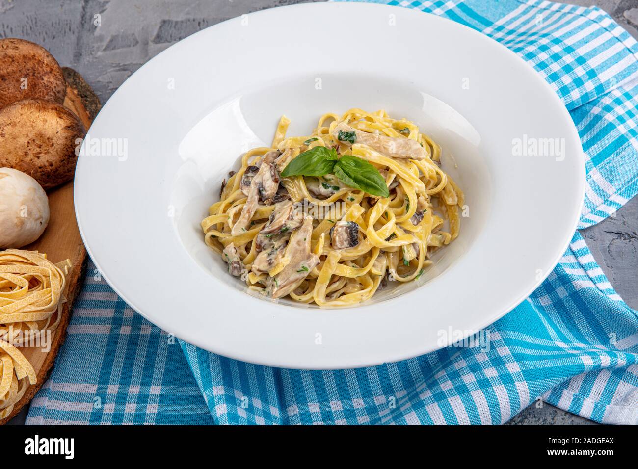 Top down view of Creamy Mushroom Fettucini Alfredo pasta Stock Photo ...
