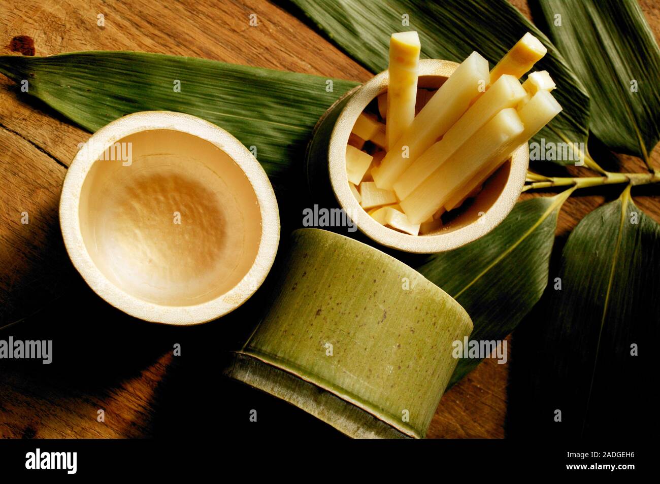 Bamboo shoots chopped and held in containers made from the adult bamboo ...