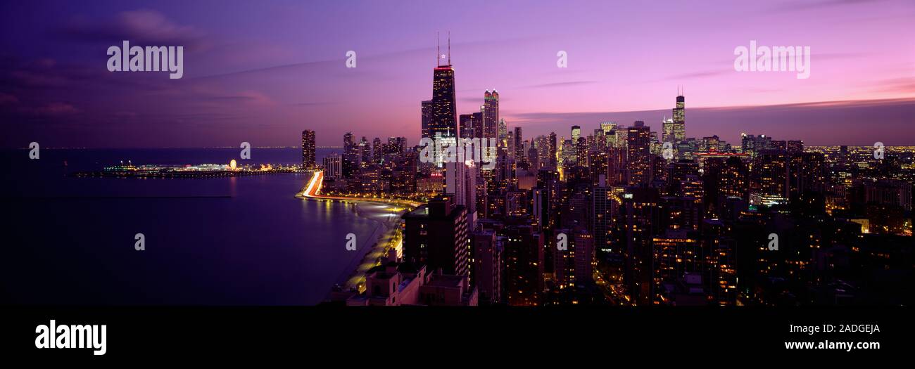 Buildings Lit Up At Night, Chicago, Illinois, USA Stock Photo - Alamy