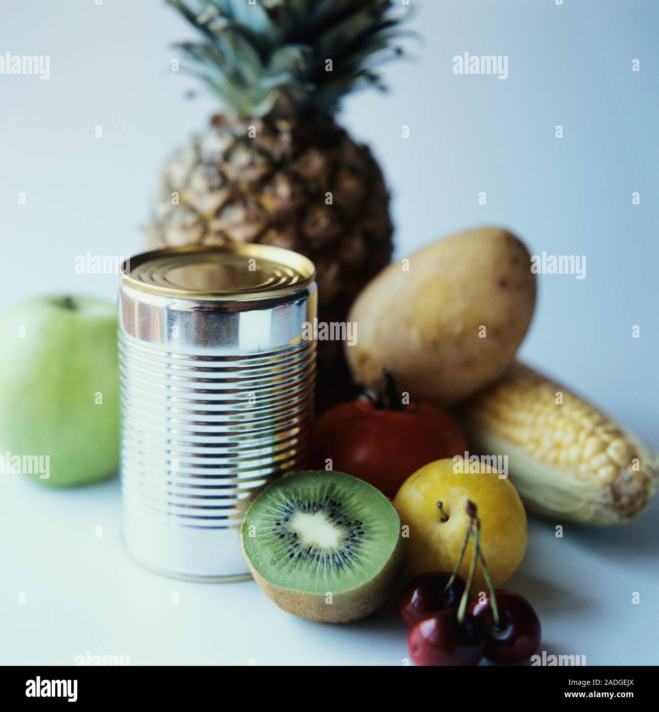 Fruit and vegetables by a steel can. The image alludes to the method of ...