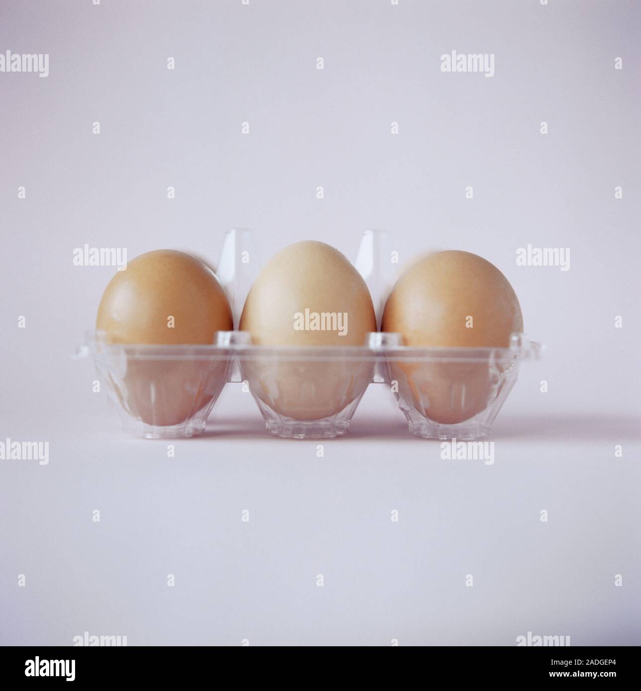 Three eggs in a plastic egg carton. Eggs are a good dietary source of ...