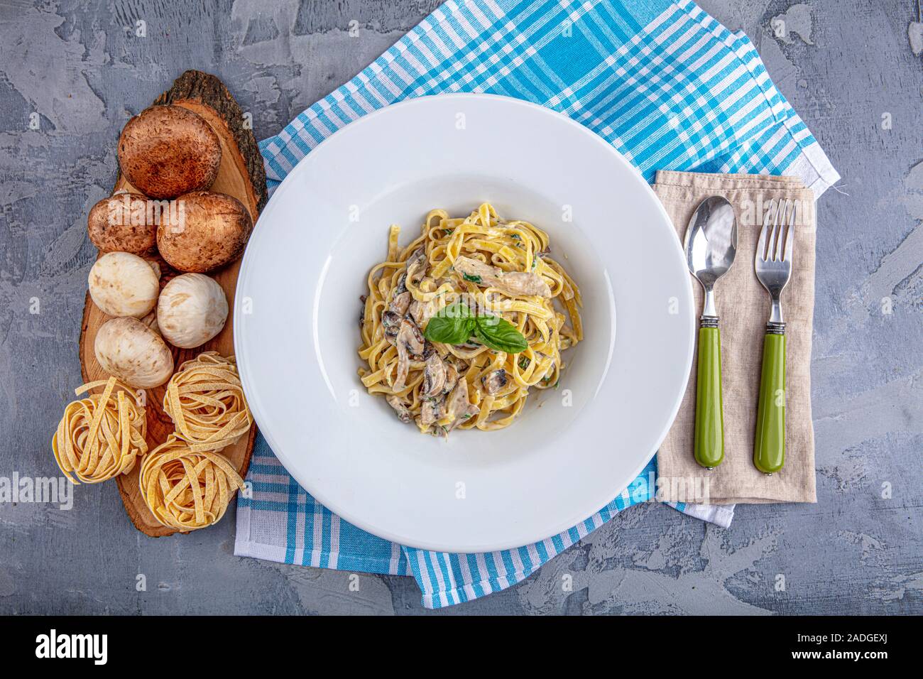 Top down view of Creamy Mushroom Fettucini Alfredo pasta Stock Photo ...