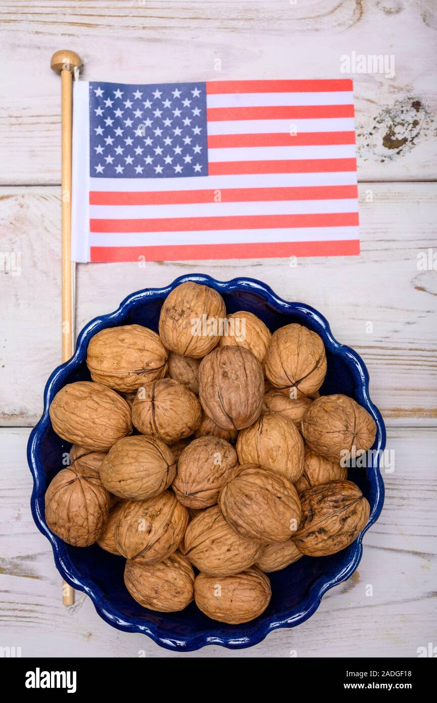 American food concept, new harvest of Californian walnuts and flag of ...