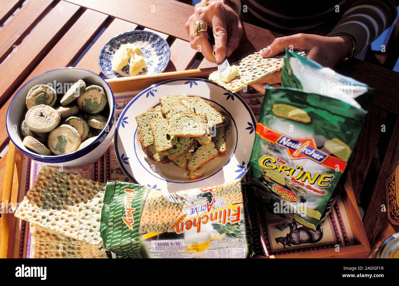Algae food products. Tray of various biscuit and bread products that ...