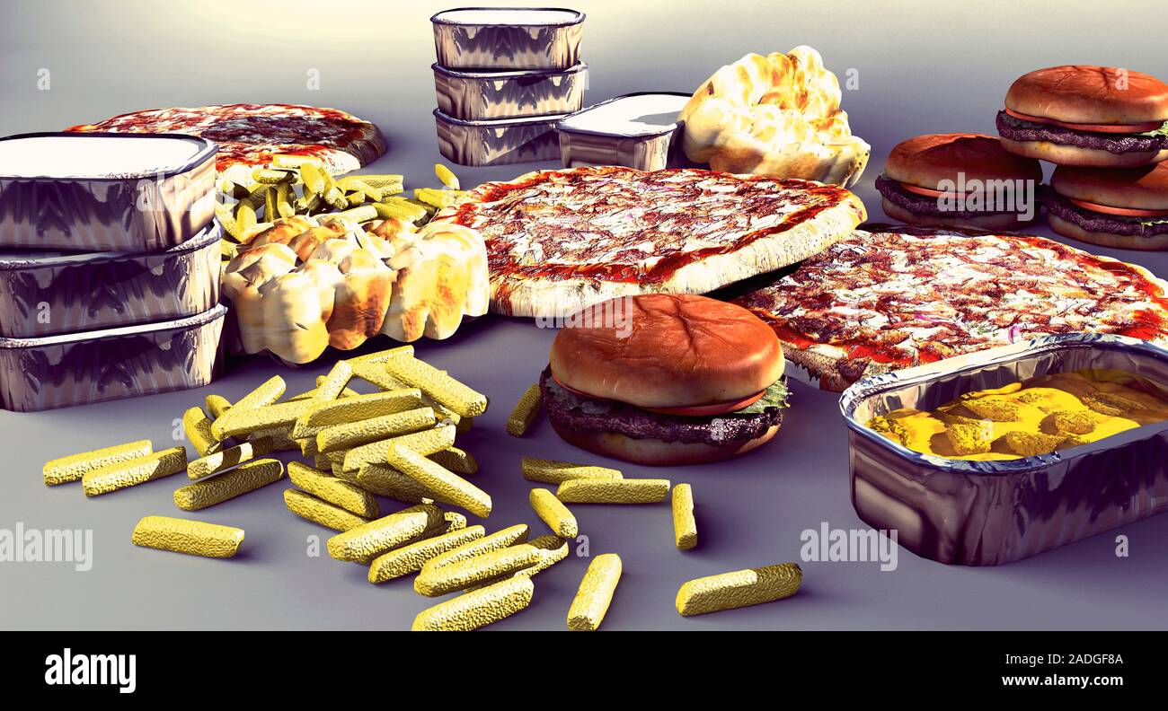 Fast food. Computer artwork of a selection of fast foods, including ...