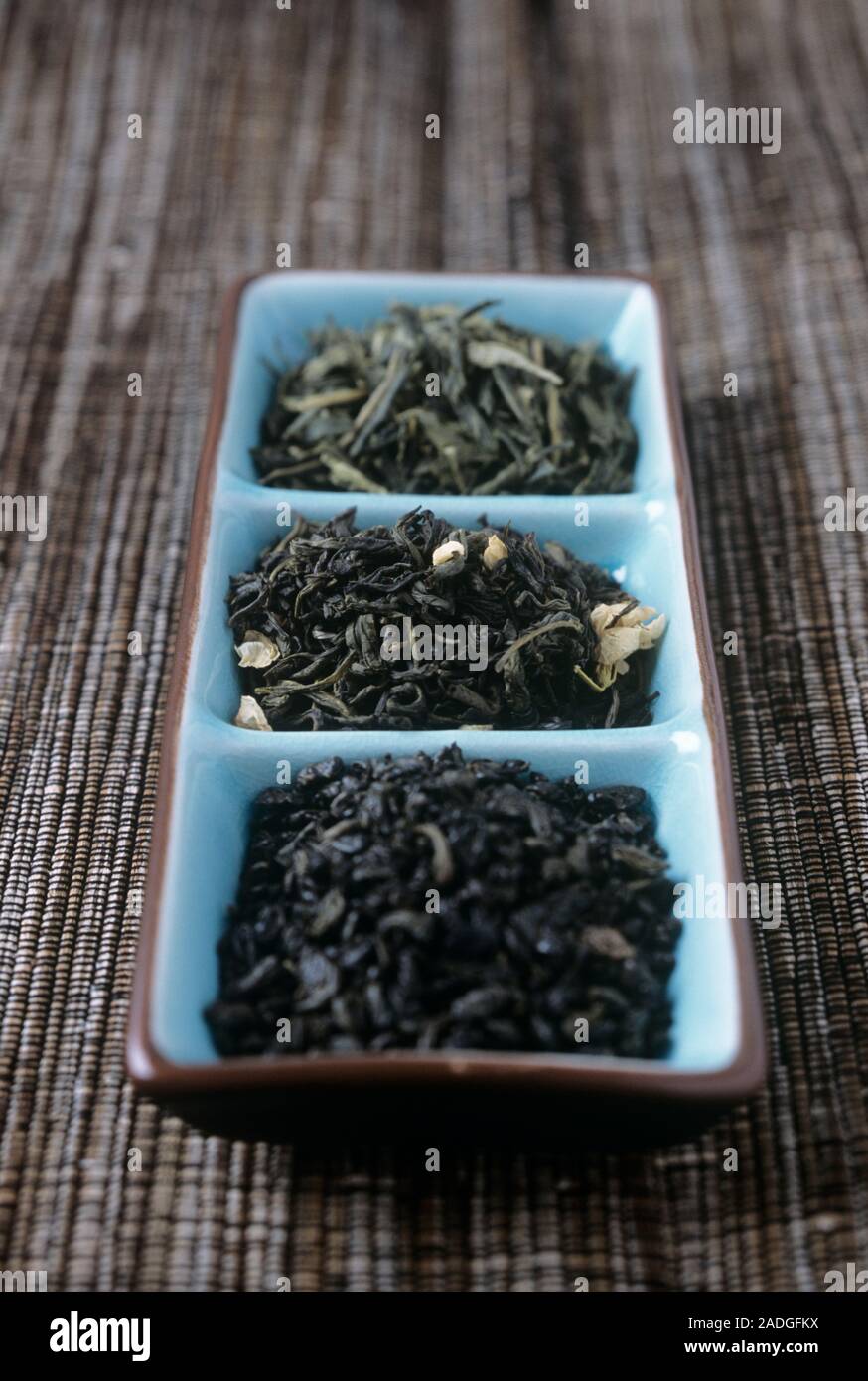 Assorted teas. These three teas are; gunpowder tea (front), jasmine tea (centre) and Japanese ...