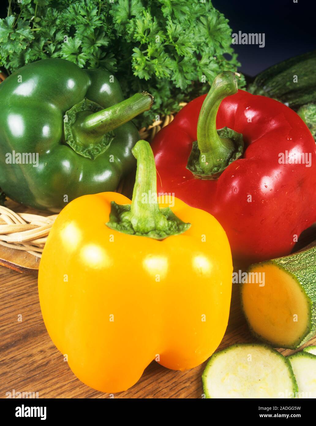 Peppers (Capsicum annuum 'Sweet Delight'). Red, green and yellow Stock ...