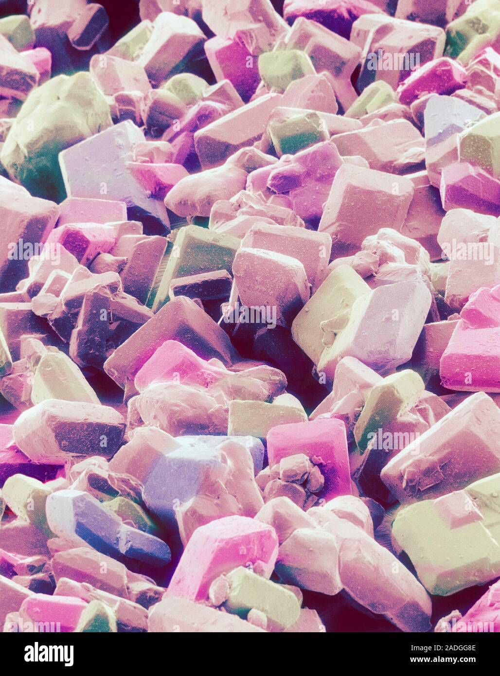 Sugar crystals, coloured scanning electron micrograph (SEM Stock Photo ...