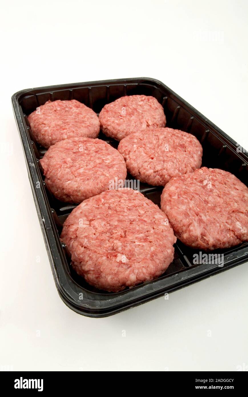 Raw burgers in a tray Stock Photo - Alamy