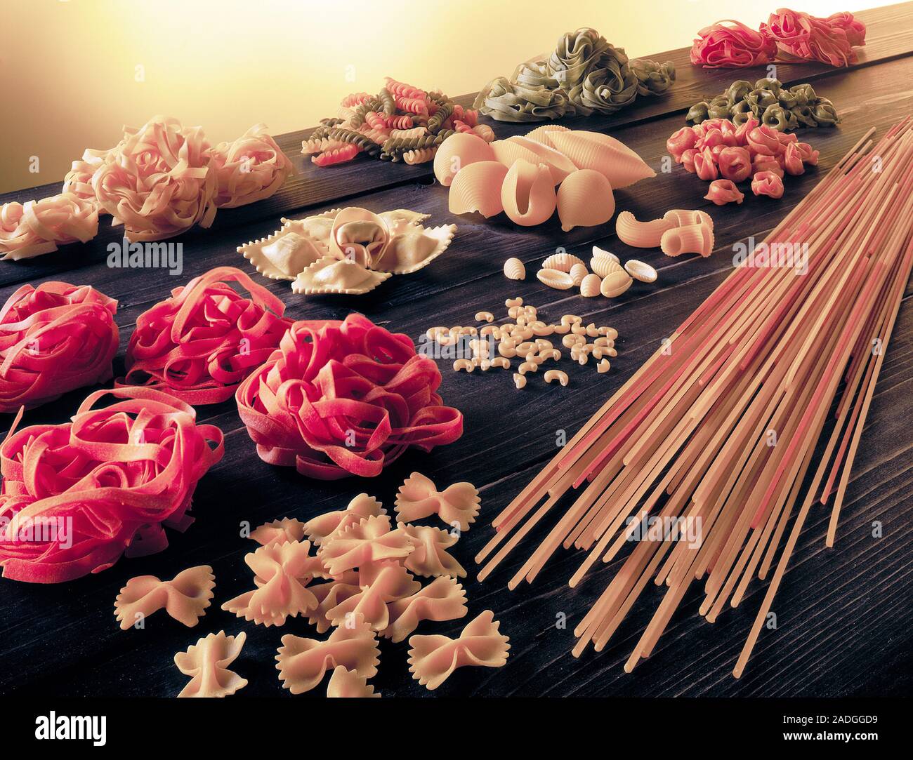 Assortment of pasta including spaghetti (far right), farfalle (bows ...