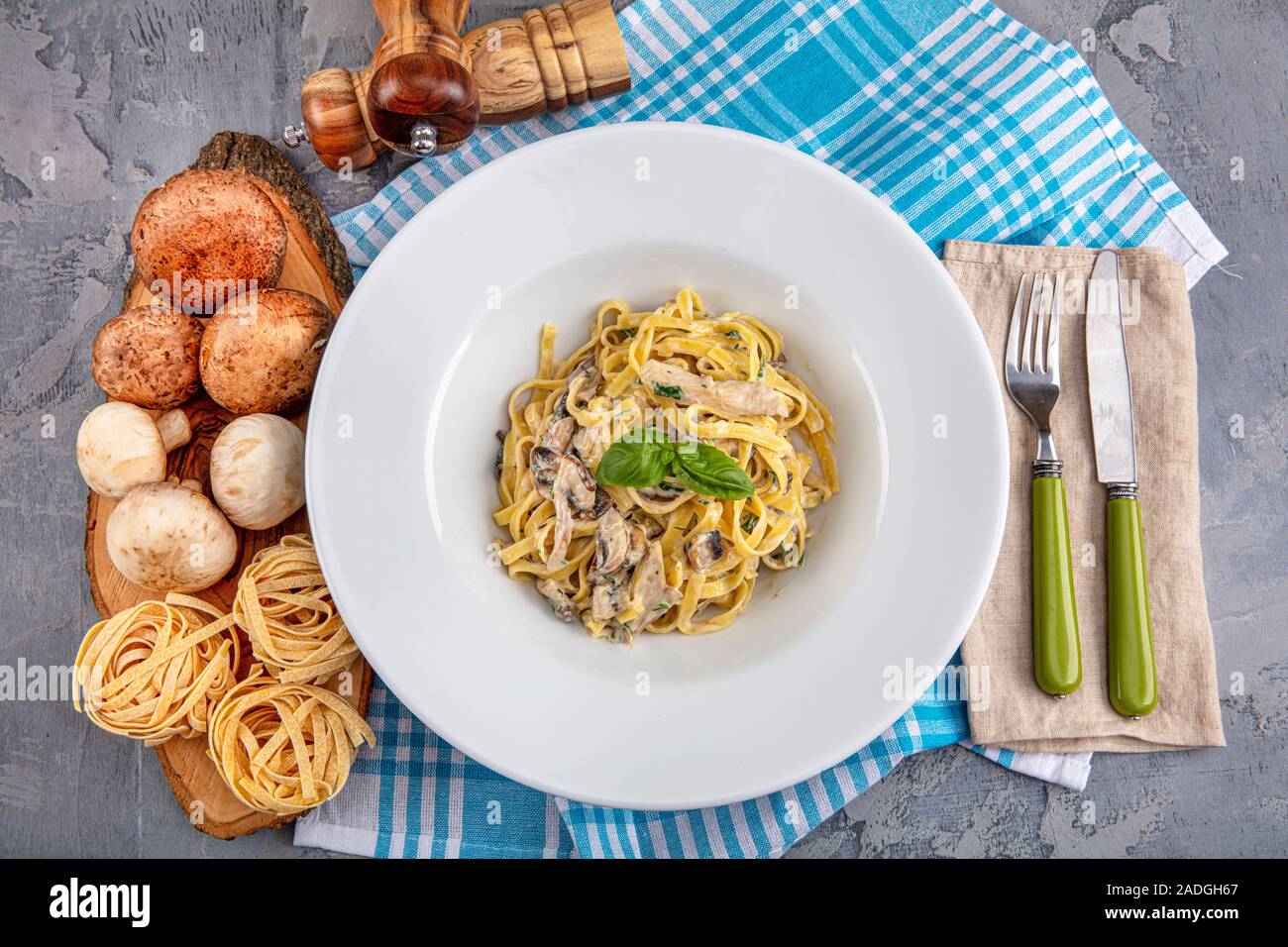Top down view of Creamy Mushroom Fettucini Alfredo pasta Stock Photo ...