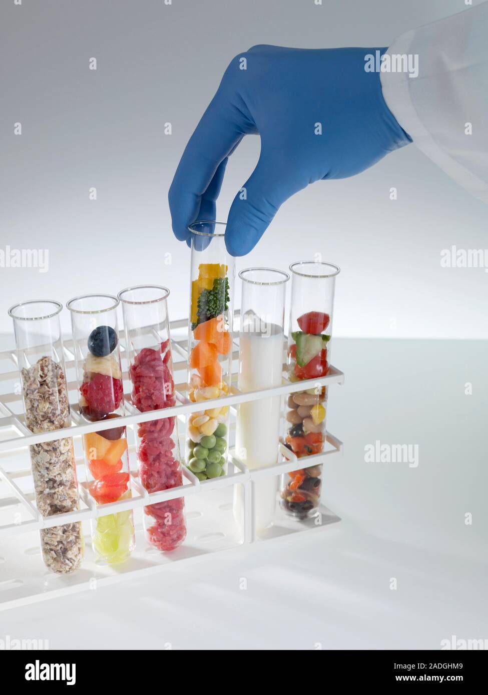 Balanced diet. Scientist selecting a test tube containing vegetables ...