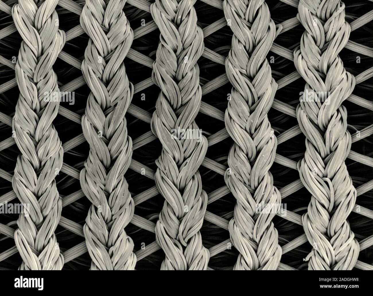 Scanning electron micrograph of a fabric woven from nylon and Lycra ...